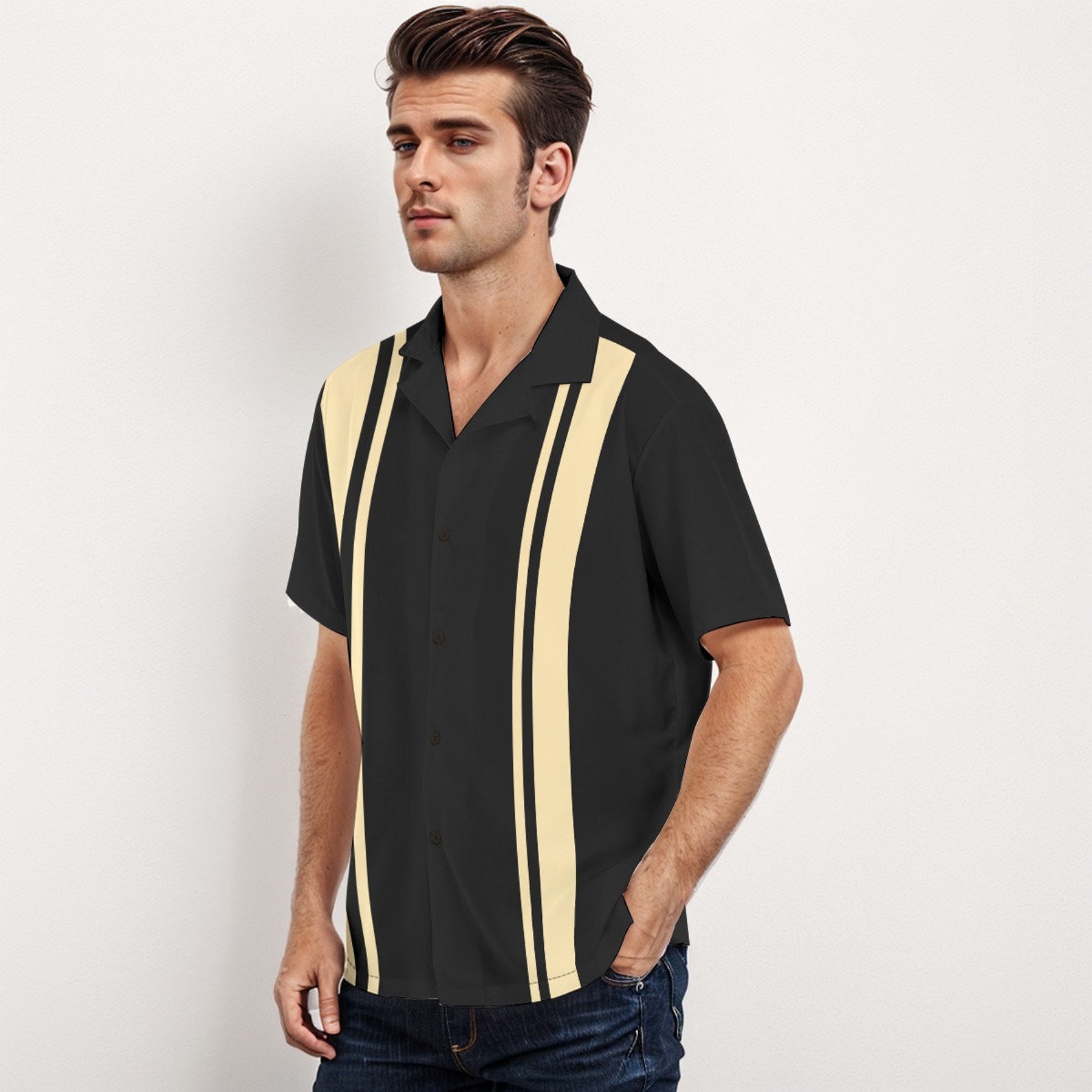 60s Shirt Style Men, 60s Style Top, Retro Shirt Men, Black Stripe Shirt ...