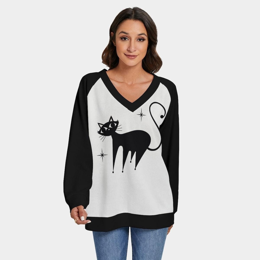 Womens Retro Cat Sweater 50s Black Cat Print Knit Sweater Vintage