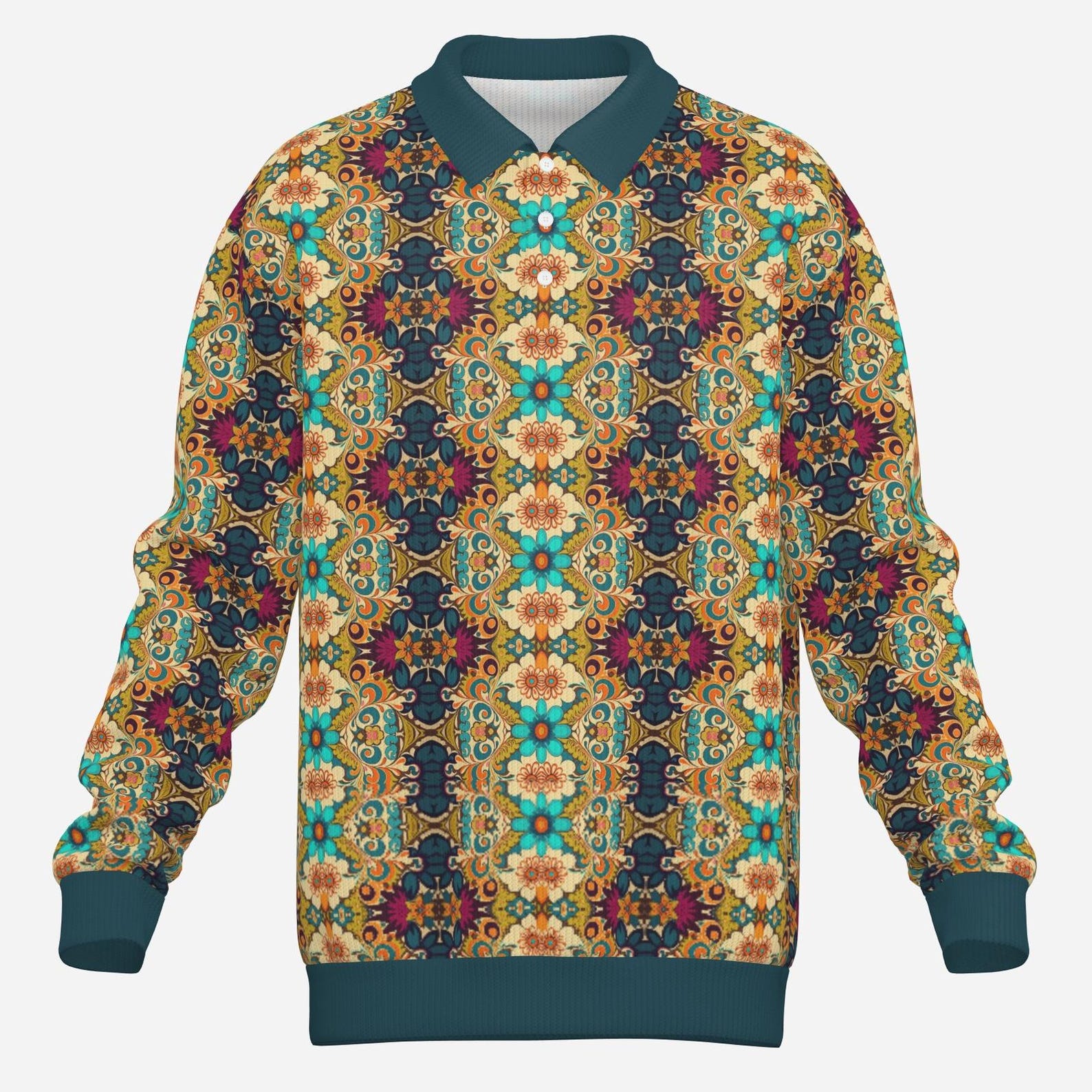 Men's 70s Inspired Floral Knit Polo | Vintage 70s Style Teal Polo Shirt ...