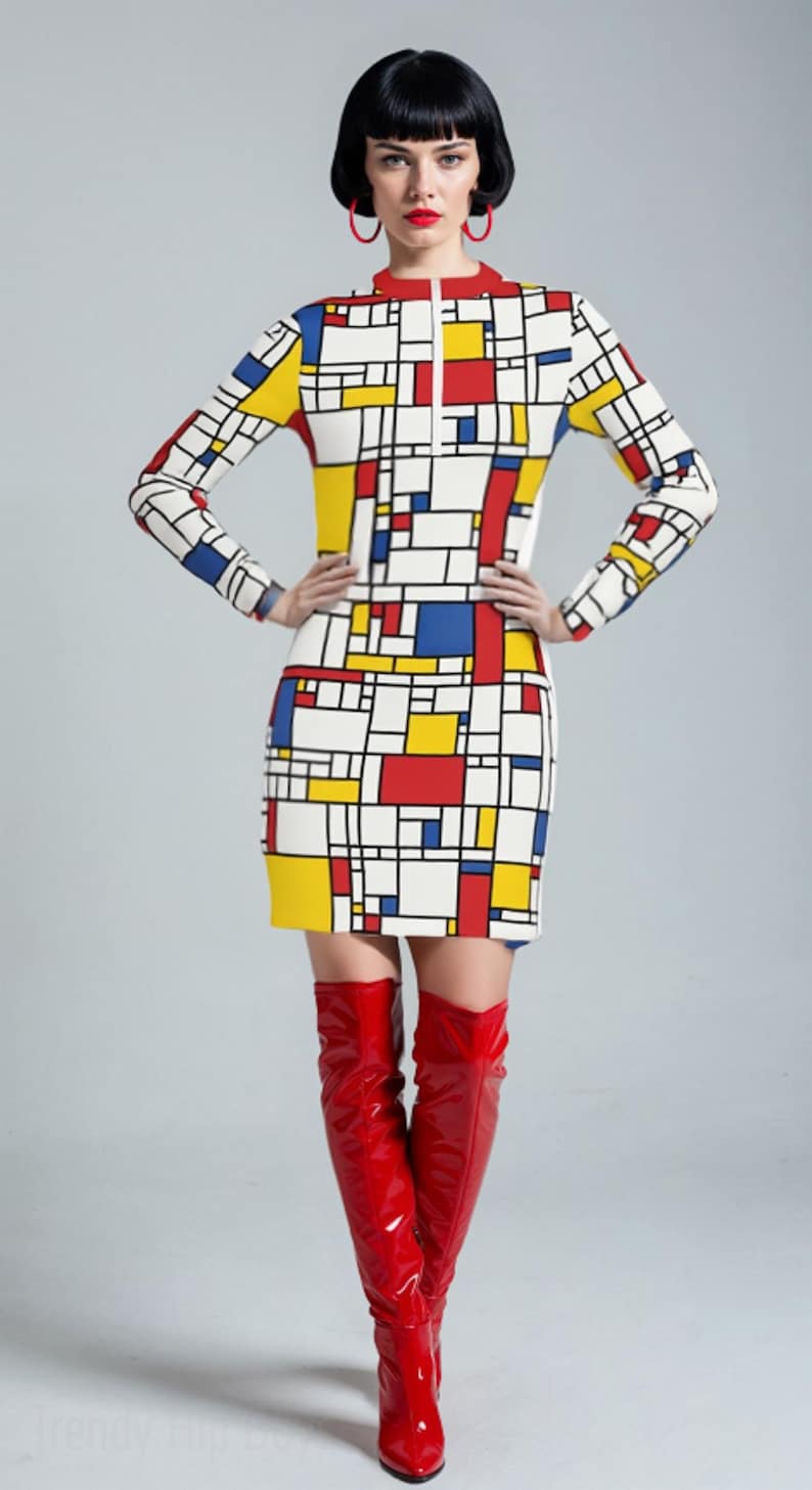 60s Style Mondrian Red Bluewhite Geometric Scuba GOGO Mini Dress - Etsy