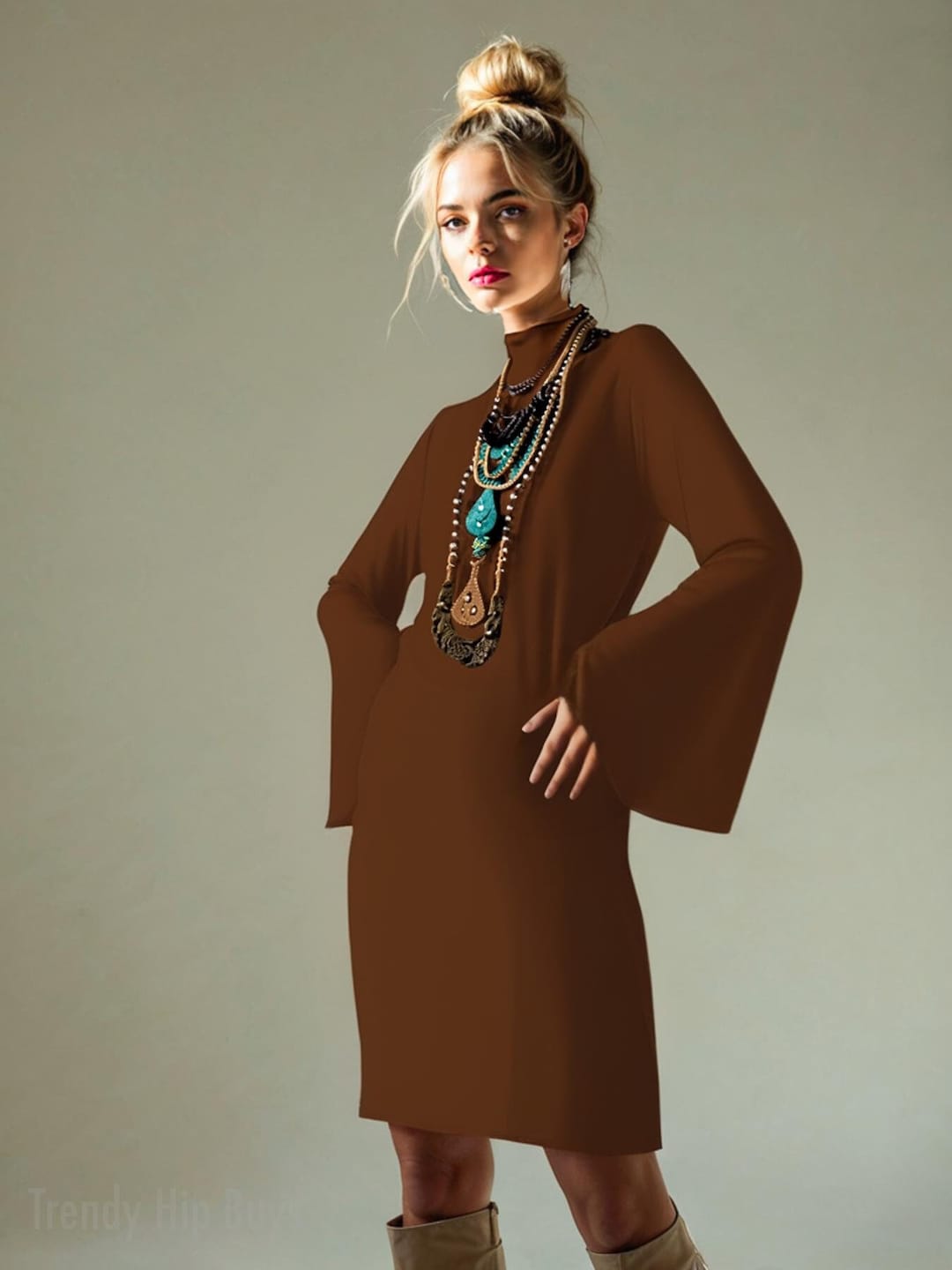 Boho 70s Dress Style, 70s Style Brown Turtle Neck Dress | Brown Bell ...