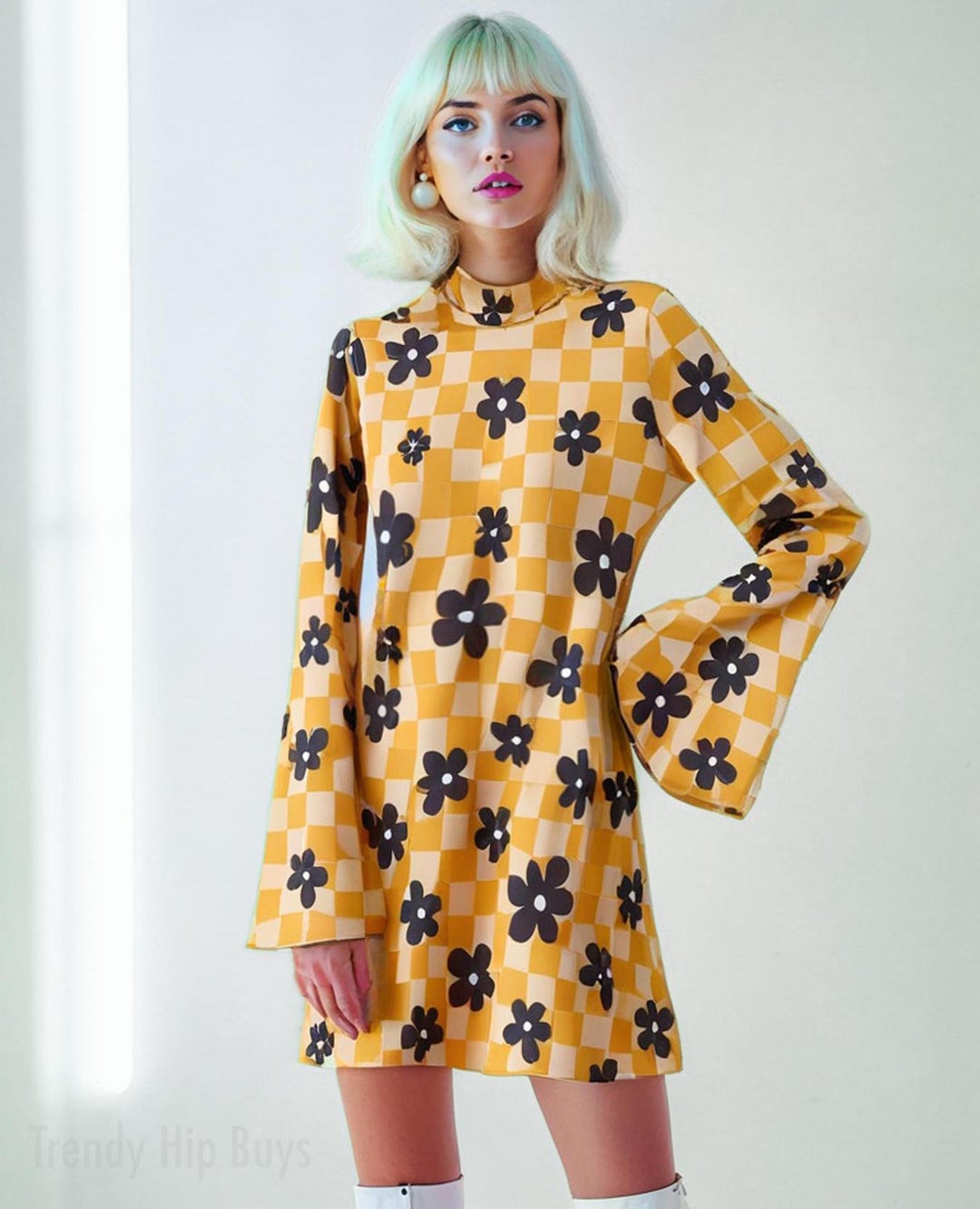 70s Dress Style, 70s Style Bell Sleeve Dress | Retro Yellow Floral Yellow Checker Mini Dress ...