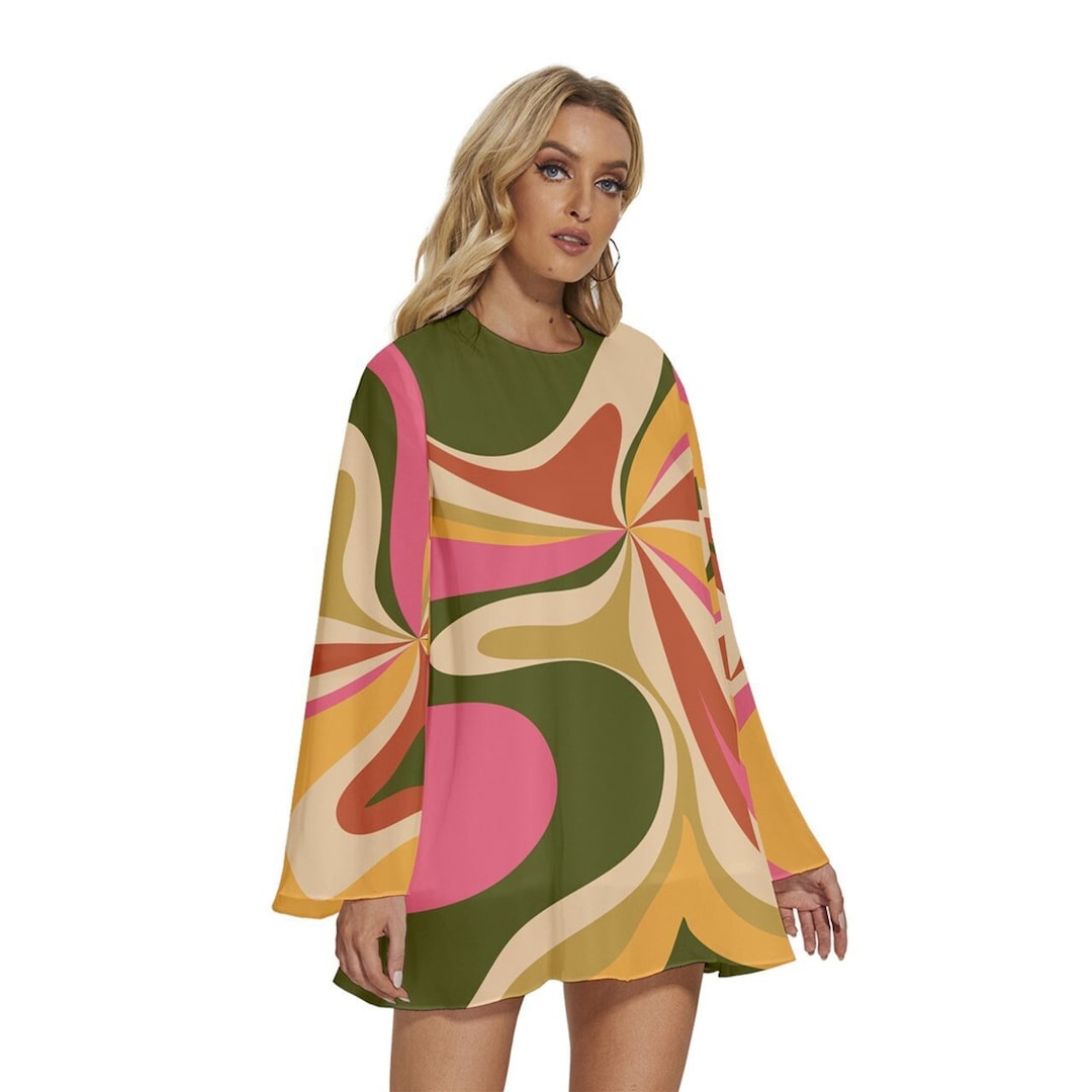70s Dress Style, Bell Sleeve Dress, 70s Mini Dress, Boho Dress, Groovy 70s Style Dress, Bohemian ...