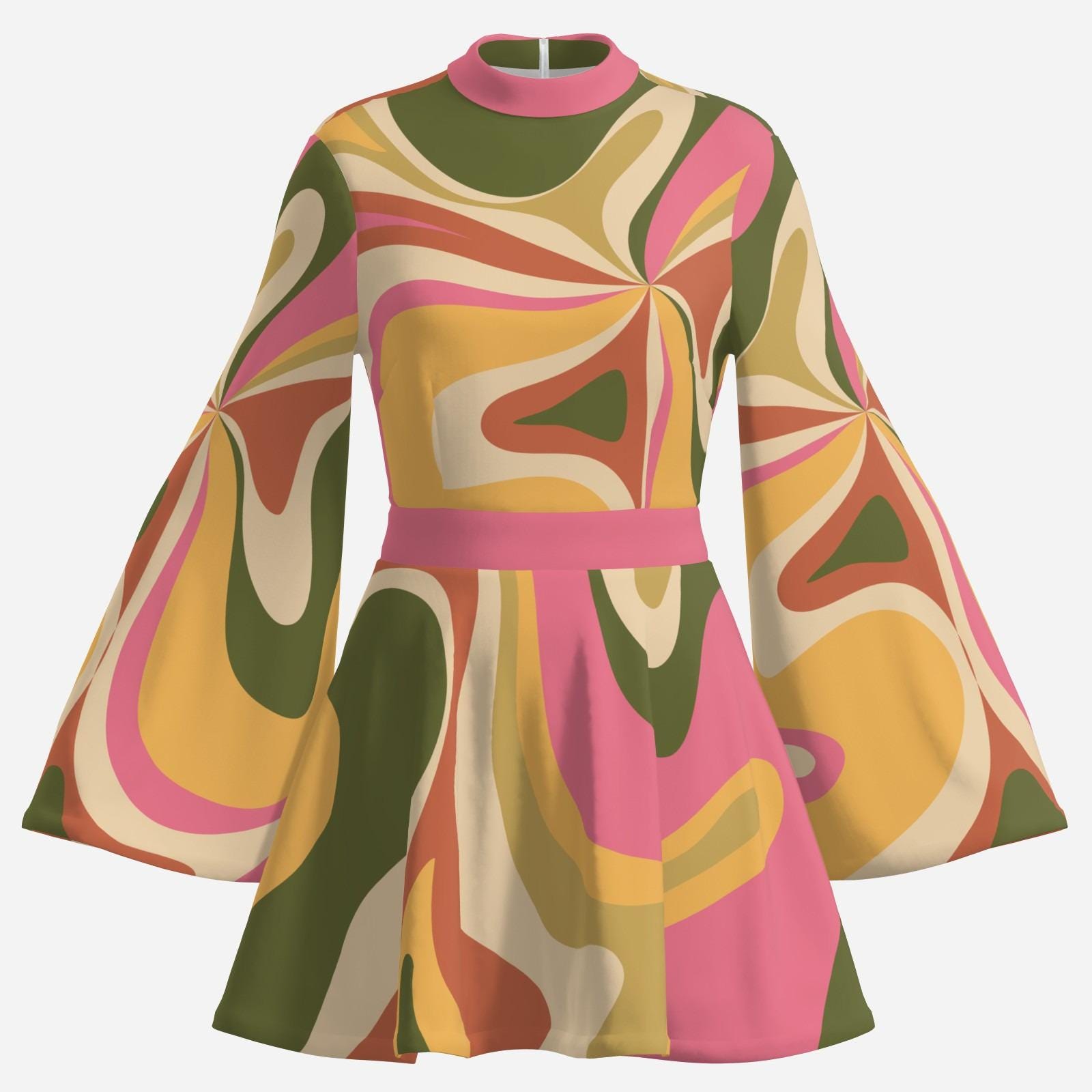 70s Dress Style | Green & Pink Groovy 70s Style Dress | 70s Disco Dress ...