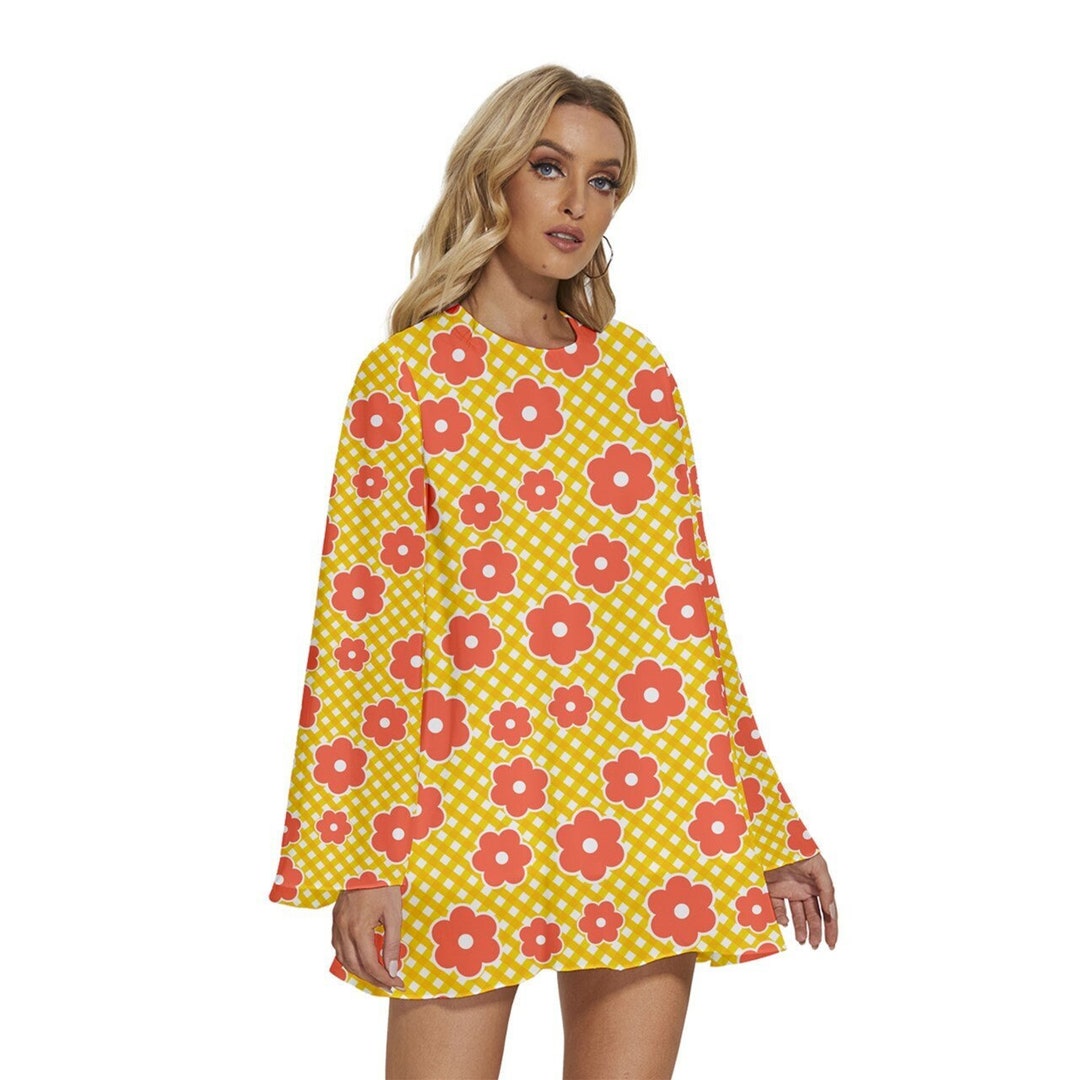 70s Dress Style, GOGO Dress, Bell Sleeve Dress, Yellow Mod Dress, 70s Mini Dress, Boho Dress ...