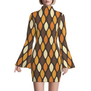 70s Style Mustard Yellow & Brown Geometric Bell Sleeve Retro Turtleneck ...