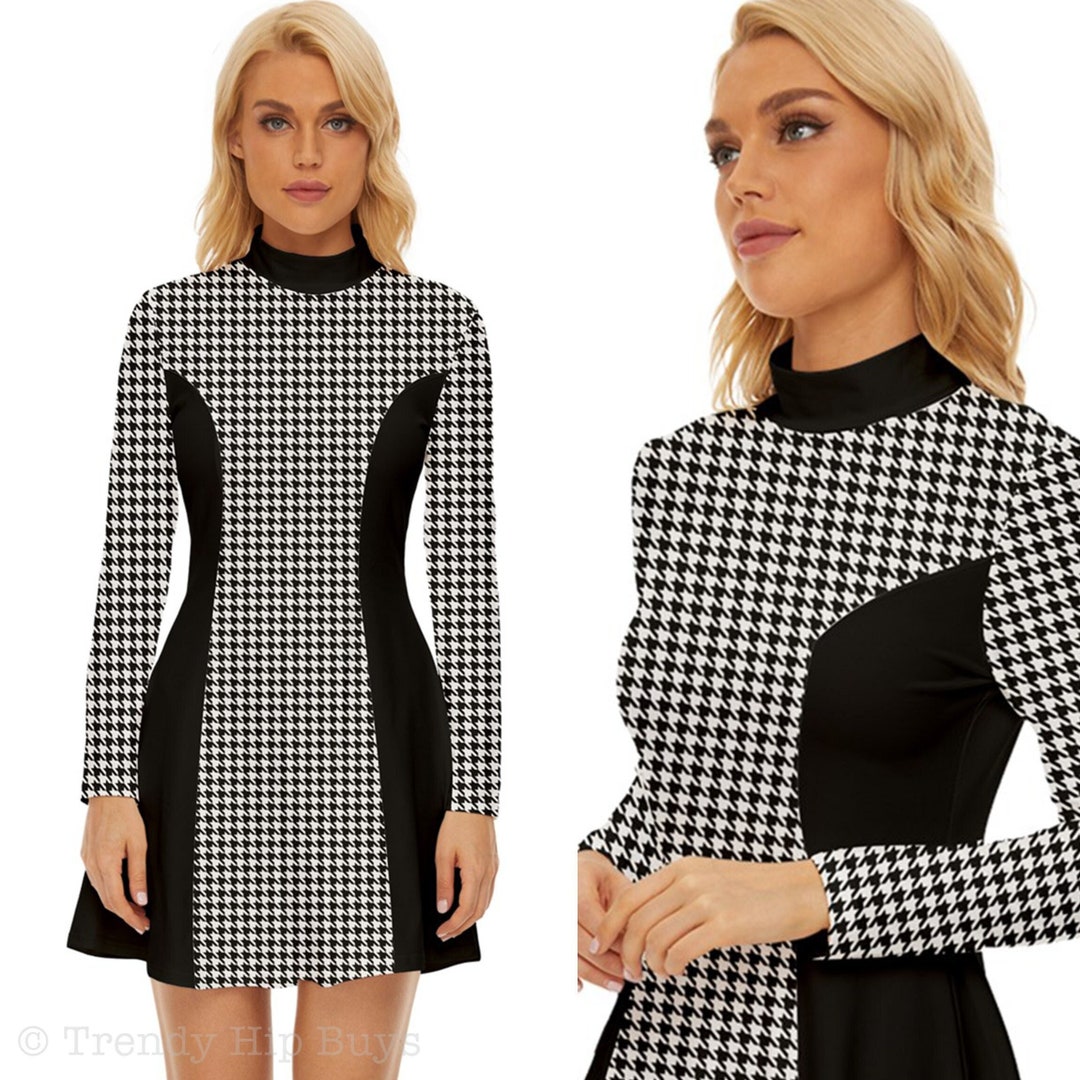 60s Dress Style, Mod Dress, Black Mod Dress, Black Houndstooth Dress ...