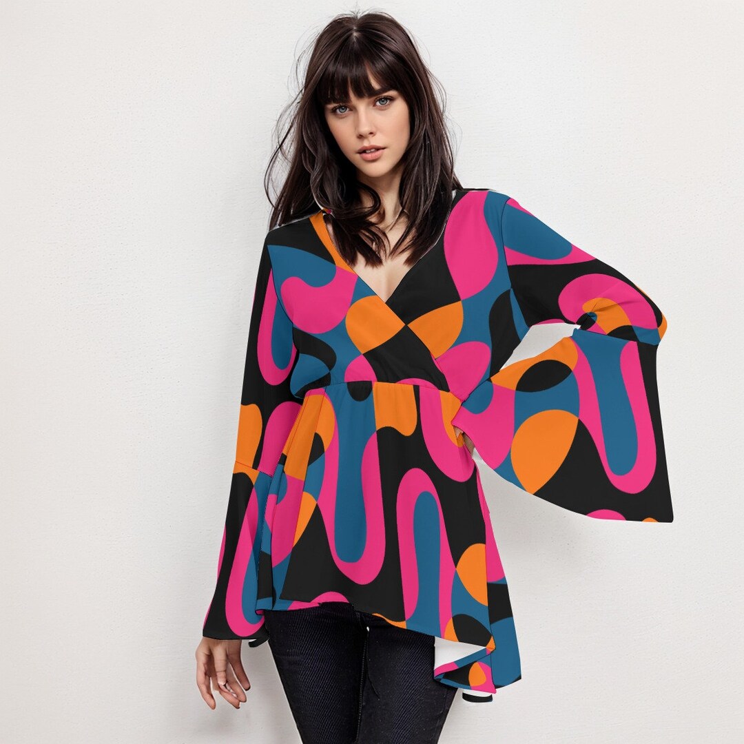 Bell Sleeve Top Women, Disco 70s Style Top, 70s Style Blouse, Abstract ...
