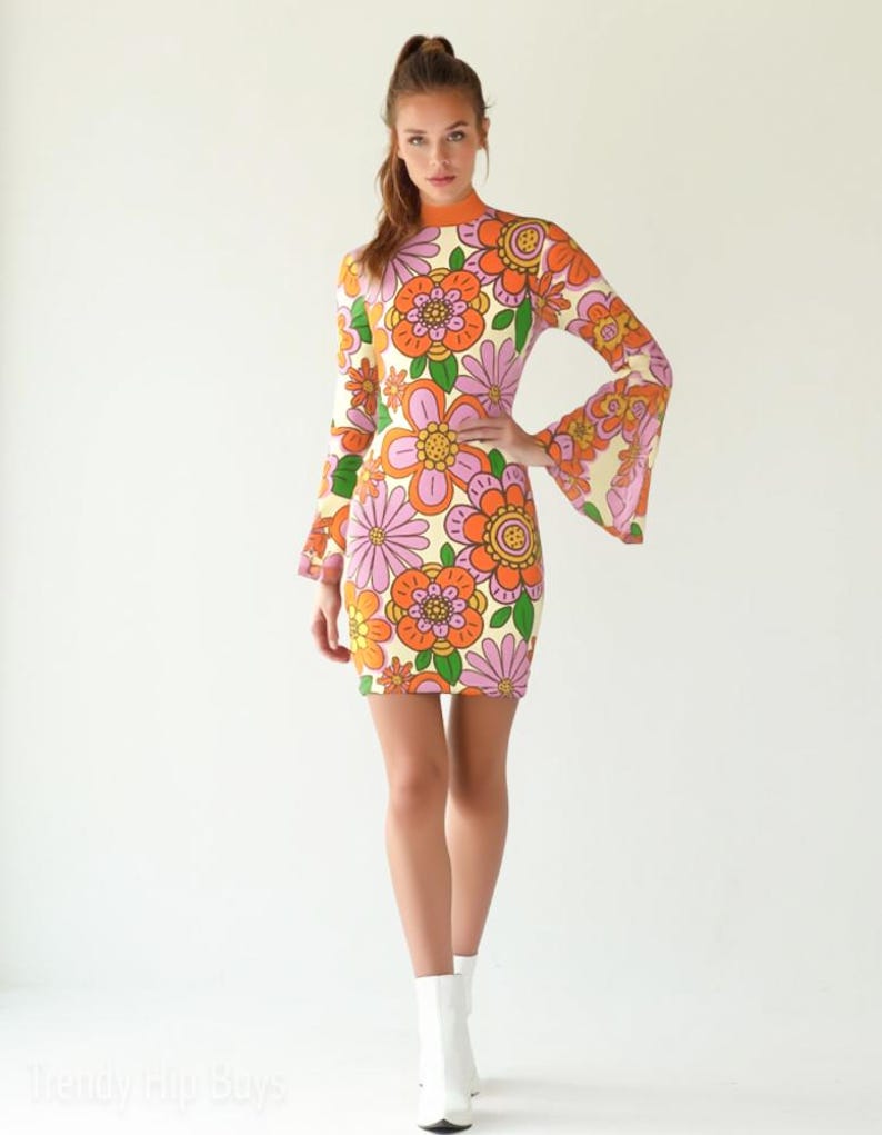 70s Style Orange Floral Bell Sleeve Retro Turtleneck Disco Shift Mini ...