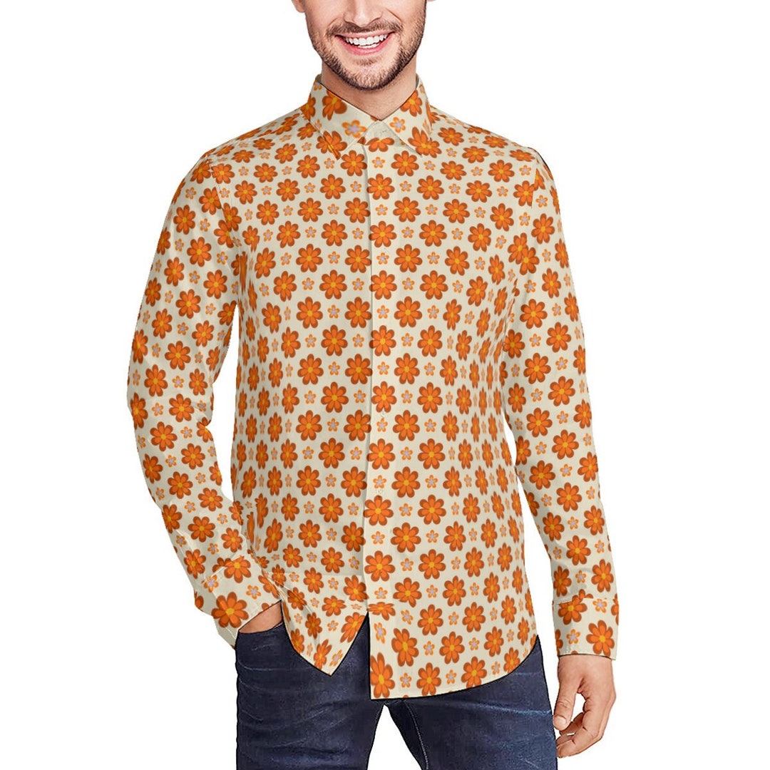 70s Shirt Men, Orange Floral Shirt Men, Vintage 70s Style Shirt, 70s ...