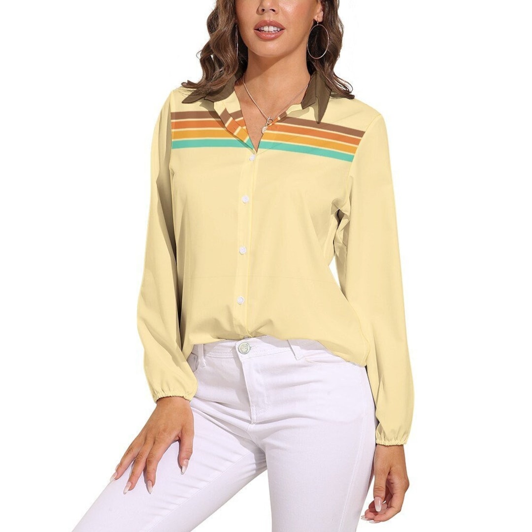 70s Style Top Women, 70s Blouse Style Women, Beige Retro Stripe Top ...