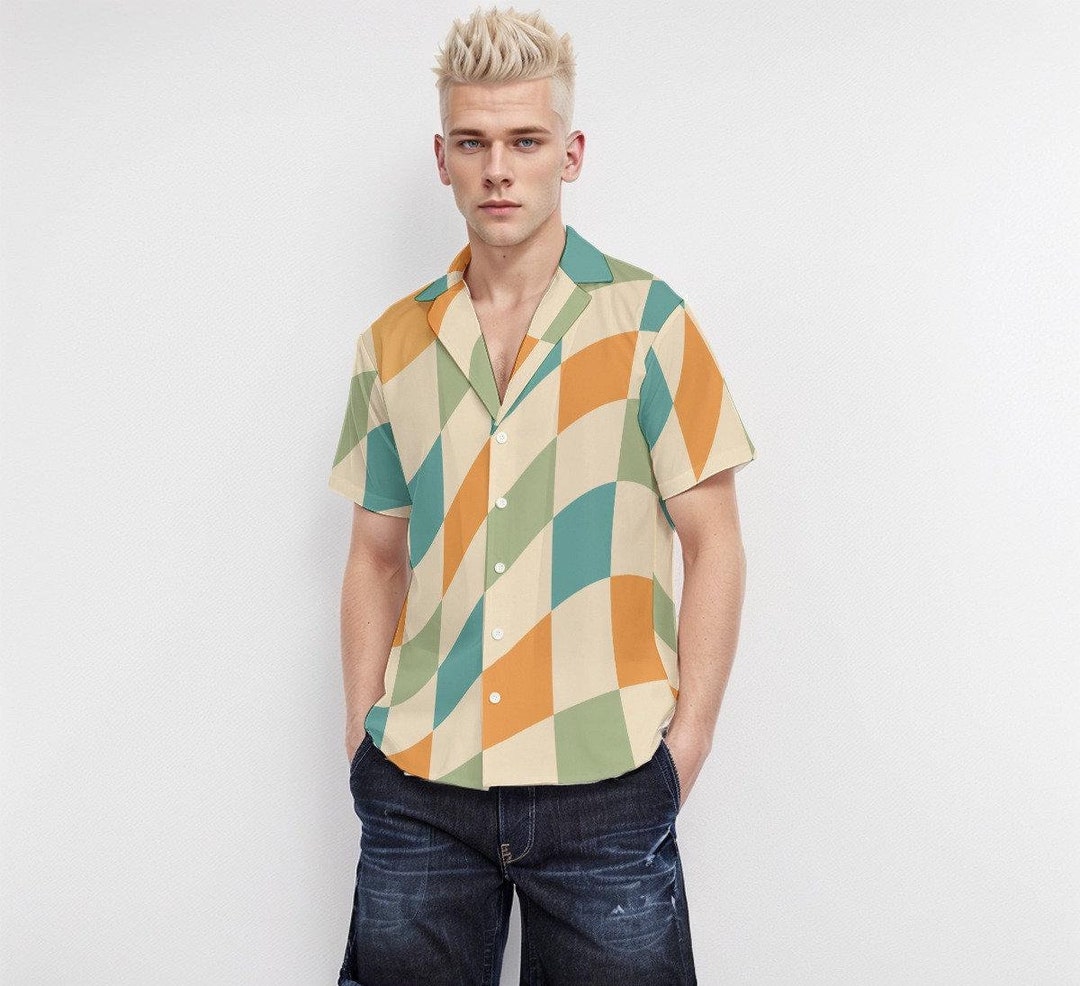 Multicolor Checker Shirt Men, Checker Top Men, Abstract Shirt, Retro ...