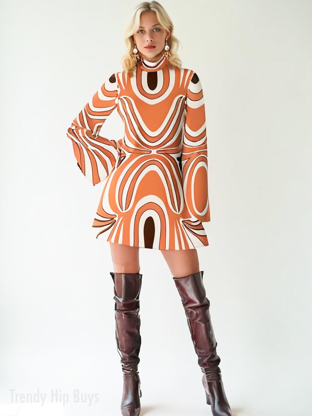 Groovy 70s Dress Style, 70s Style Dress, 70s Psychedelic Orange Bell Sleeve Dress, Disco Dress ...