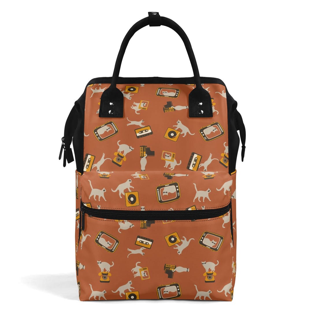 Retro Cat Backpack, Vintage Inspired Cat Print Backpack, Orange Cat Bag ...