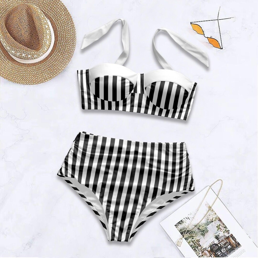Retro Pin Up Bikini Halter Black High Waist Bikini Black Stripe