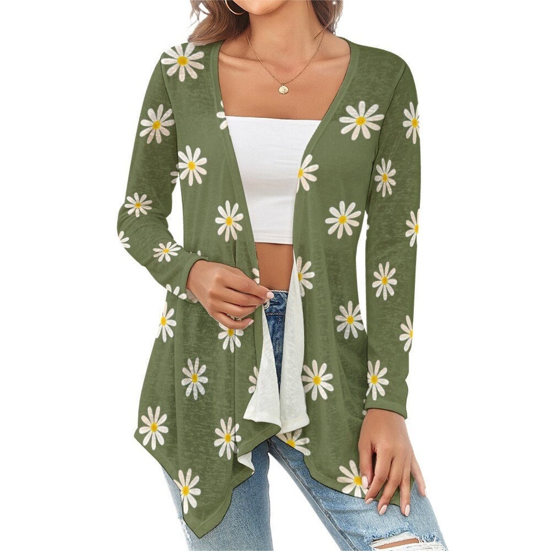 Green Floral Cardigan, Olive Green Cardigan Sweater, Retro Cardigan ...