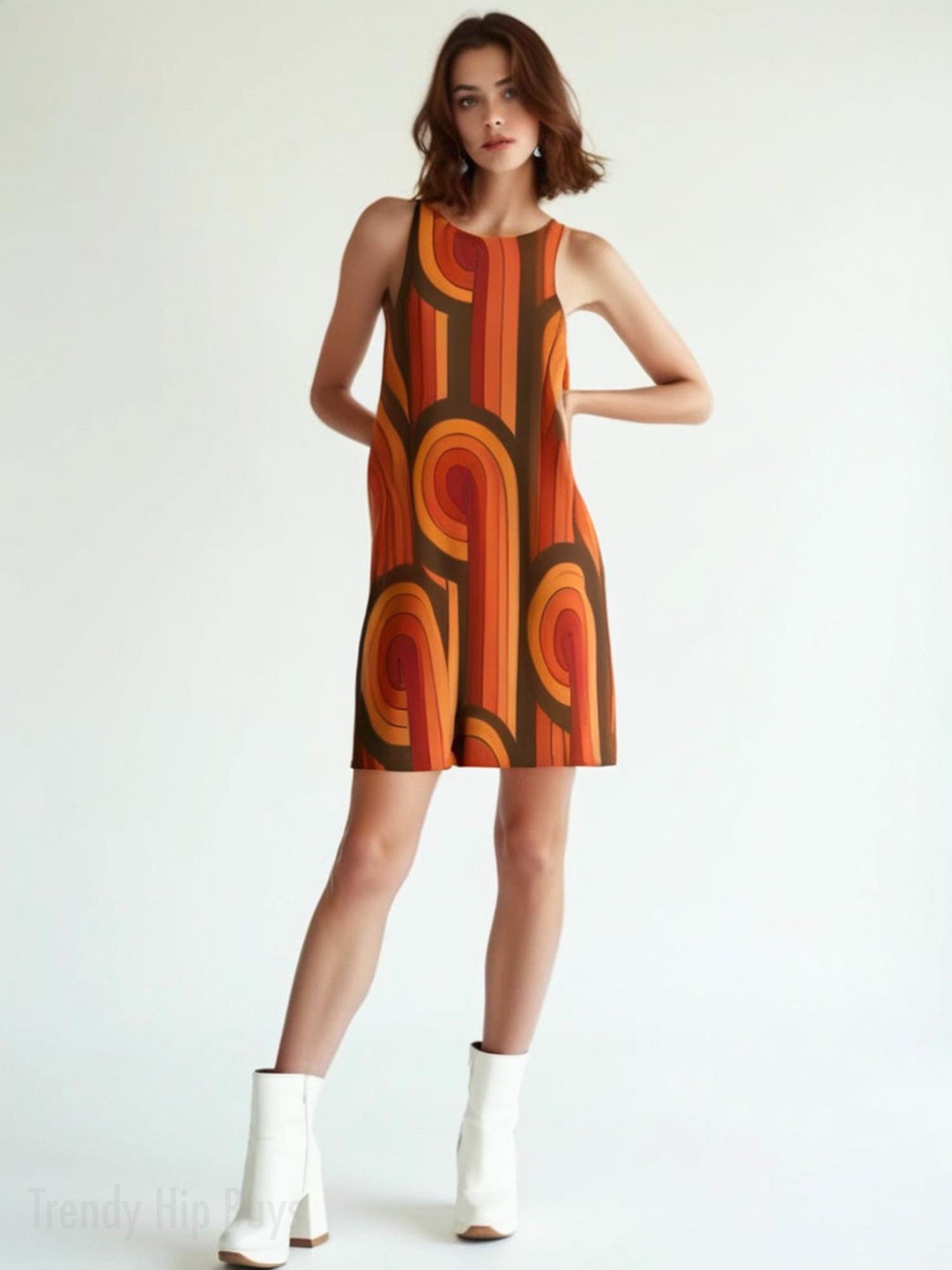 60s Dress Style, 60s Style Mod Orange Trapeze Dress | Retro Geometric ...