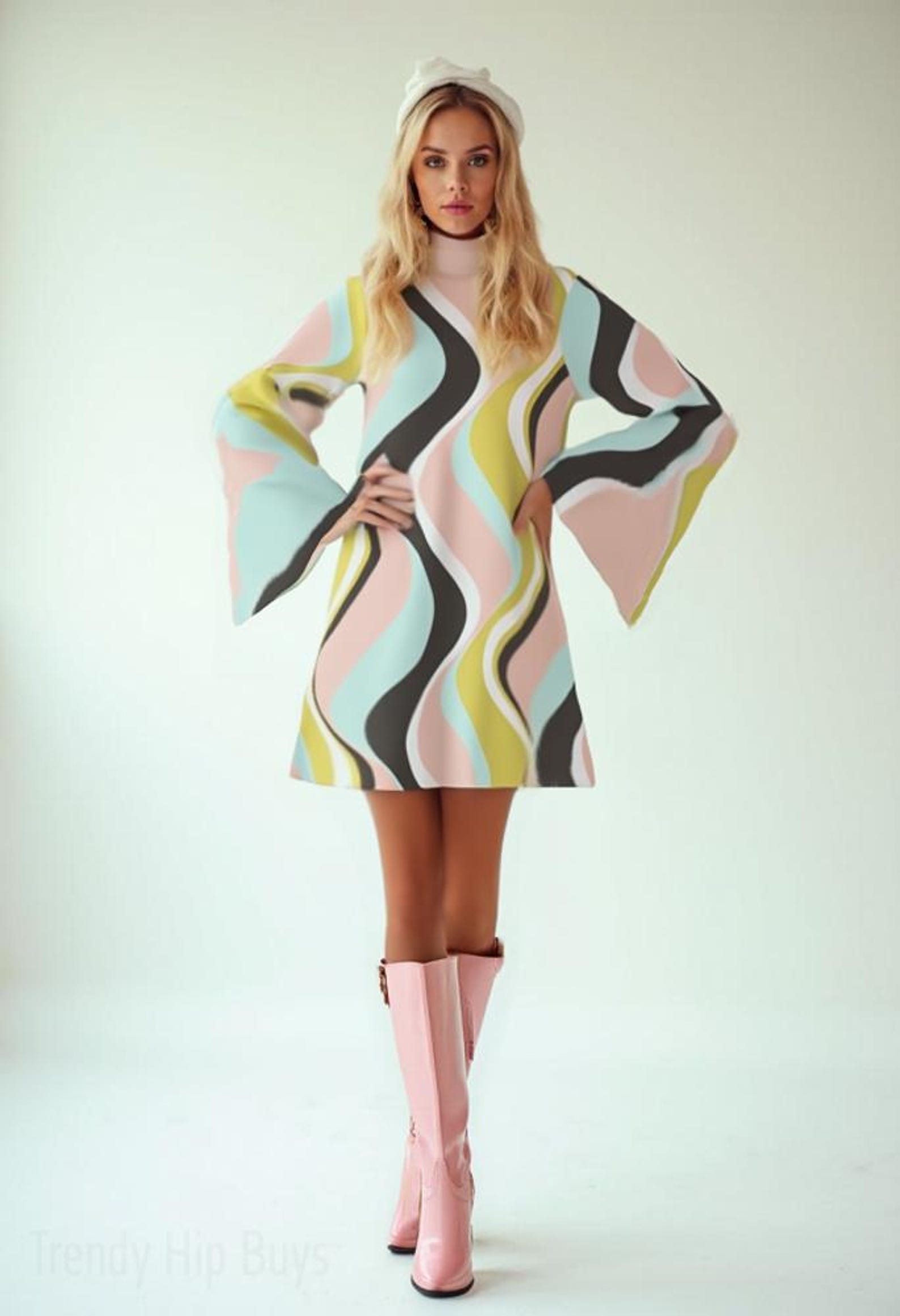 70s Dress Style, Groovy 70s Style Dress, 70s Bell Sleeve Dress, Green ...