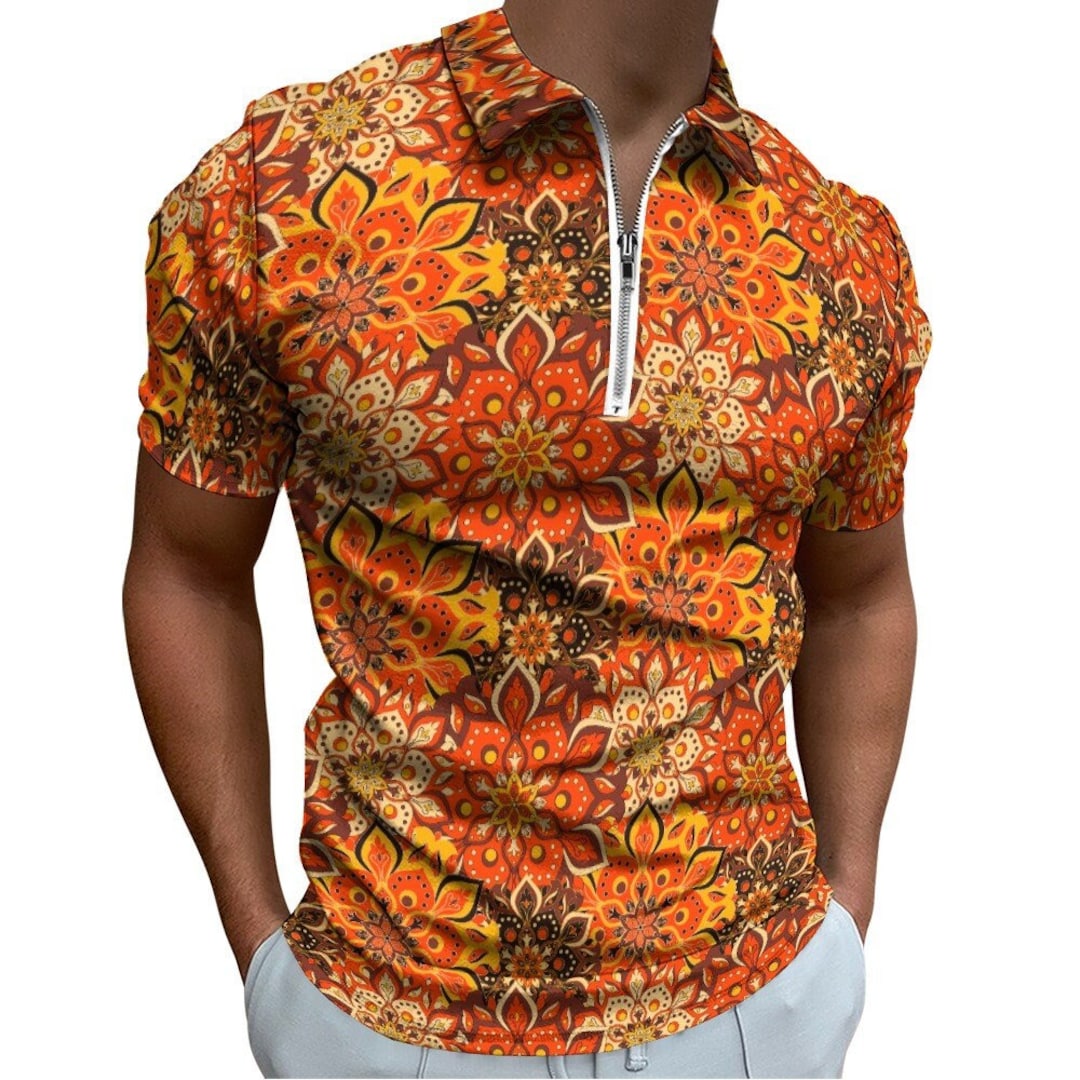 Polo Shirt Men, Boho Shirt, 70s Shirt Style, Orange Polo Shirt, 70s ...