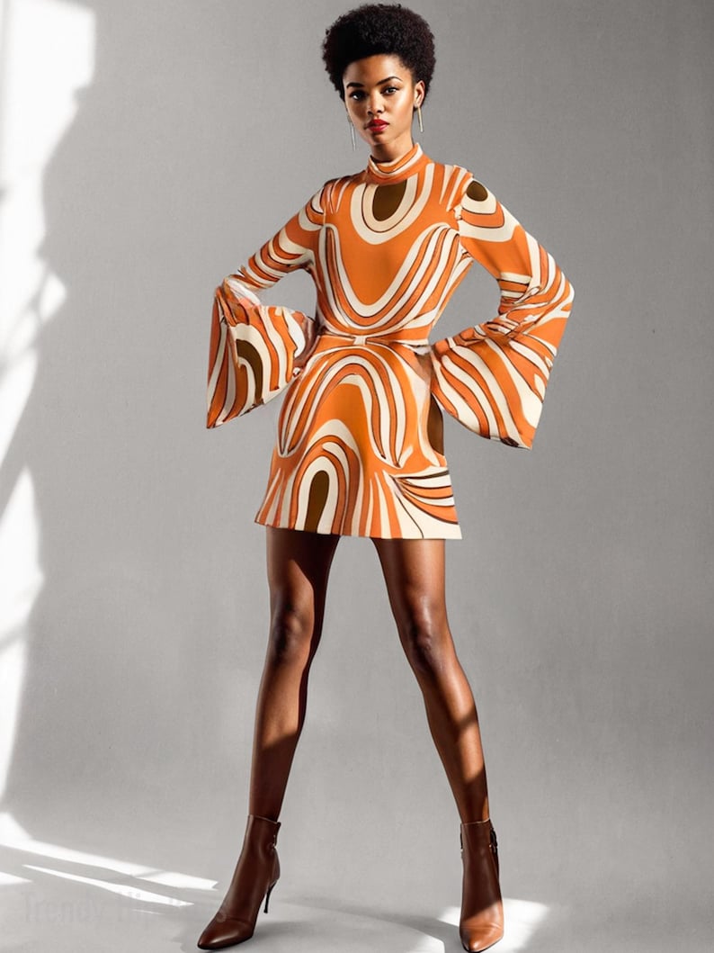 Groovy 70s Dress Style, 70s Style Dress, 70s Psychedelic Orange Bell ...