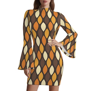 70s Style Mustard Yellow & Brown Geometric Bell Sleeve Retro Turtleneck ...
