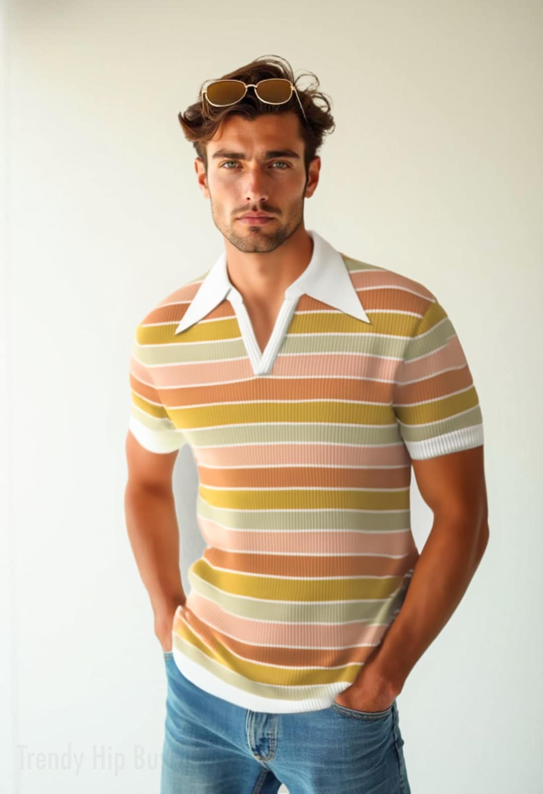 70s Shirt Style, Retro Polo Shirt, 70s Wing Collar Shirt, 70s Stripe ...