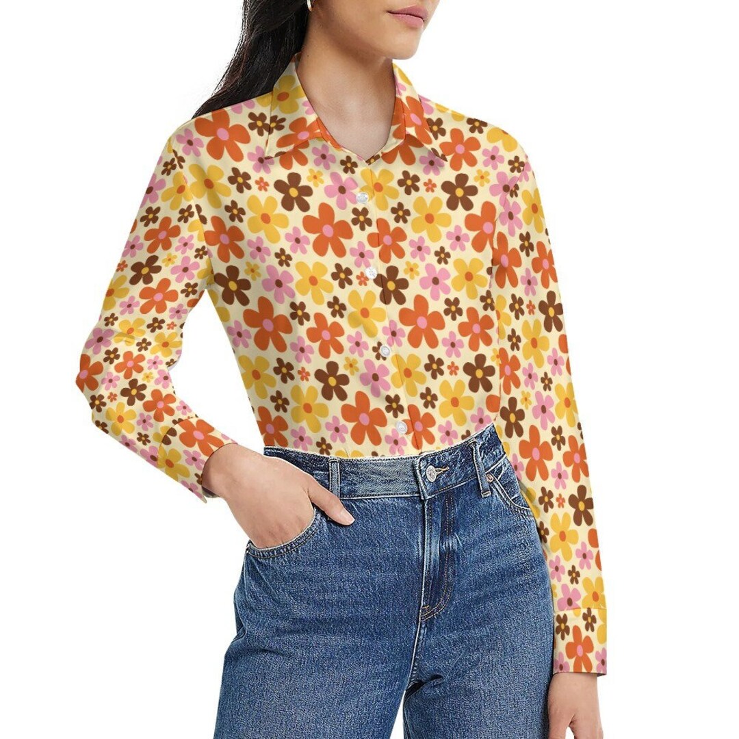 60s 70s Style Top, 70s Style Blouse Women, Mod Top, Orange Brown Floral ...