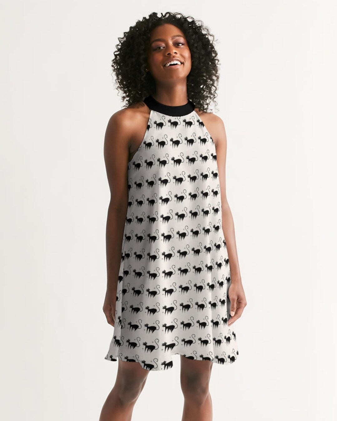 Cat Dress, Retro Dress, Halter Dress,black Cat Print Dress,vintage ...