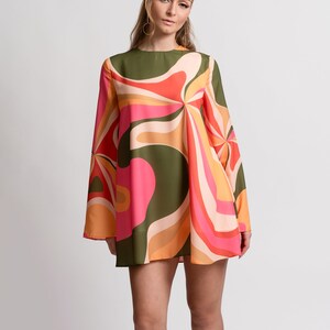 70s Dress Style, Bell Sleeve Dress, 70s Mini Dress, Boho Dress, Groovy 70s Style Dress, Bohemian ...