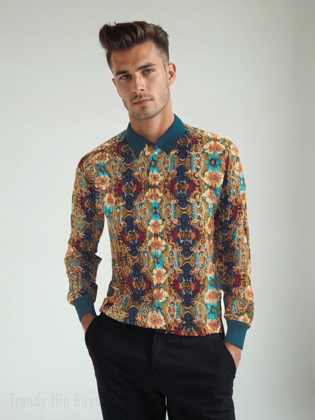 Men's 70s Inspired Floral Knit Polo | Vintage 70s Style Teal Polo Shirt ...