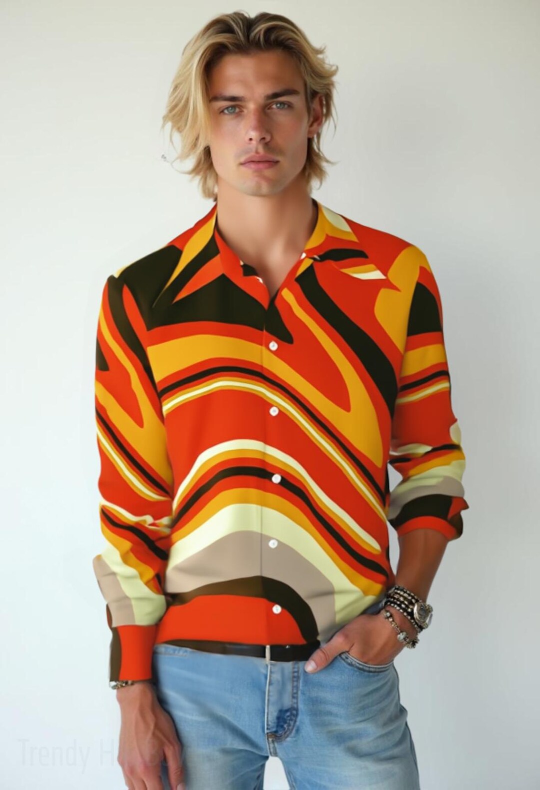 Men's Groovy 70s Style Orange Stripe Disco Dagger Collar Boho Shirt - Etsy