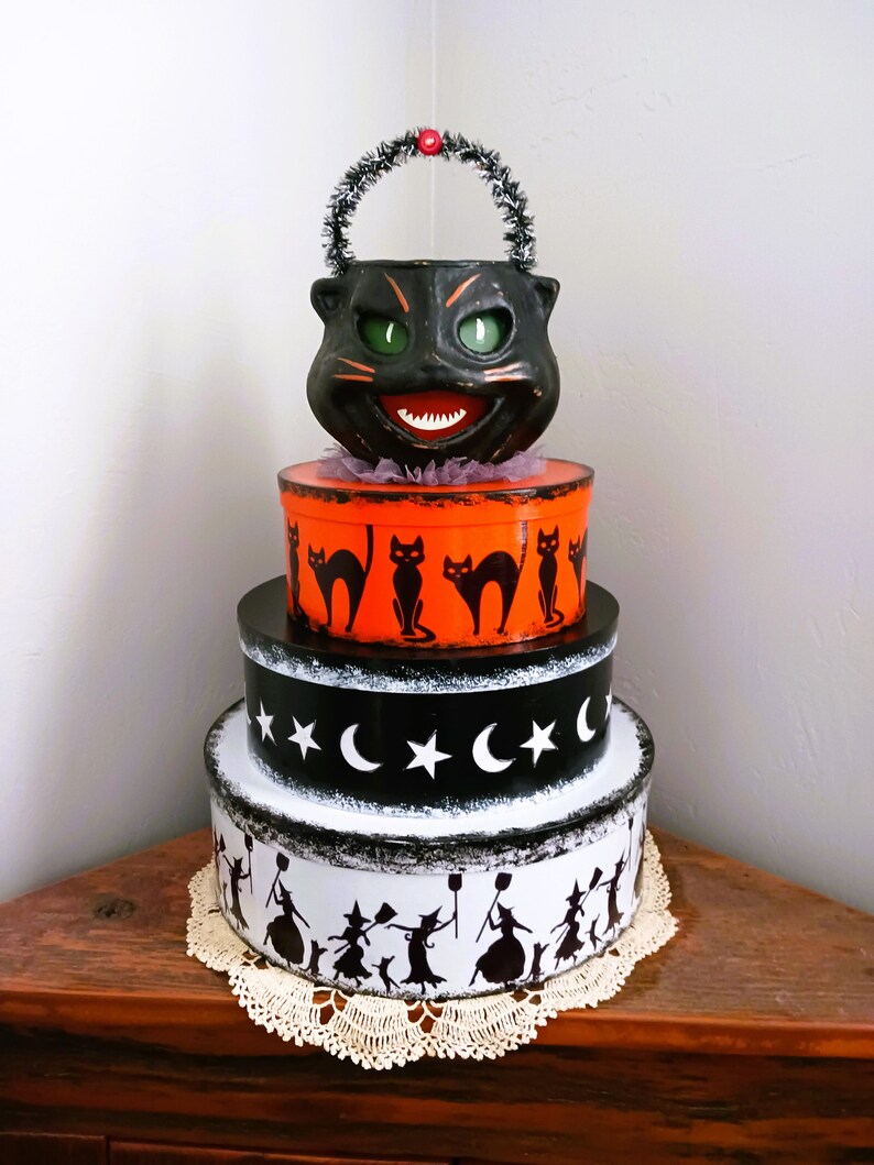 Stacked Halloween Boxes Black Cat Lighted Large Arrangement - Etsy
