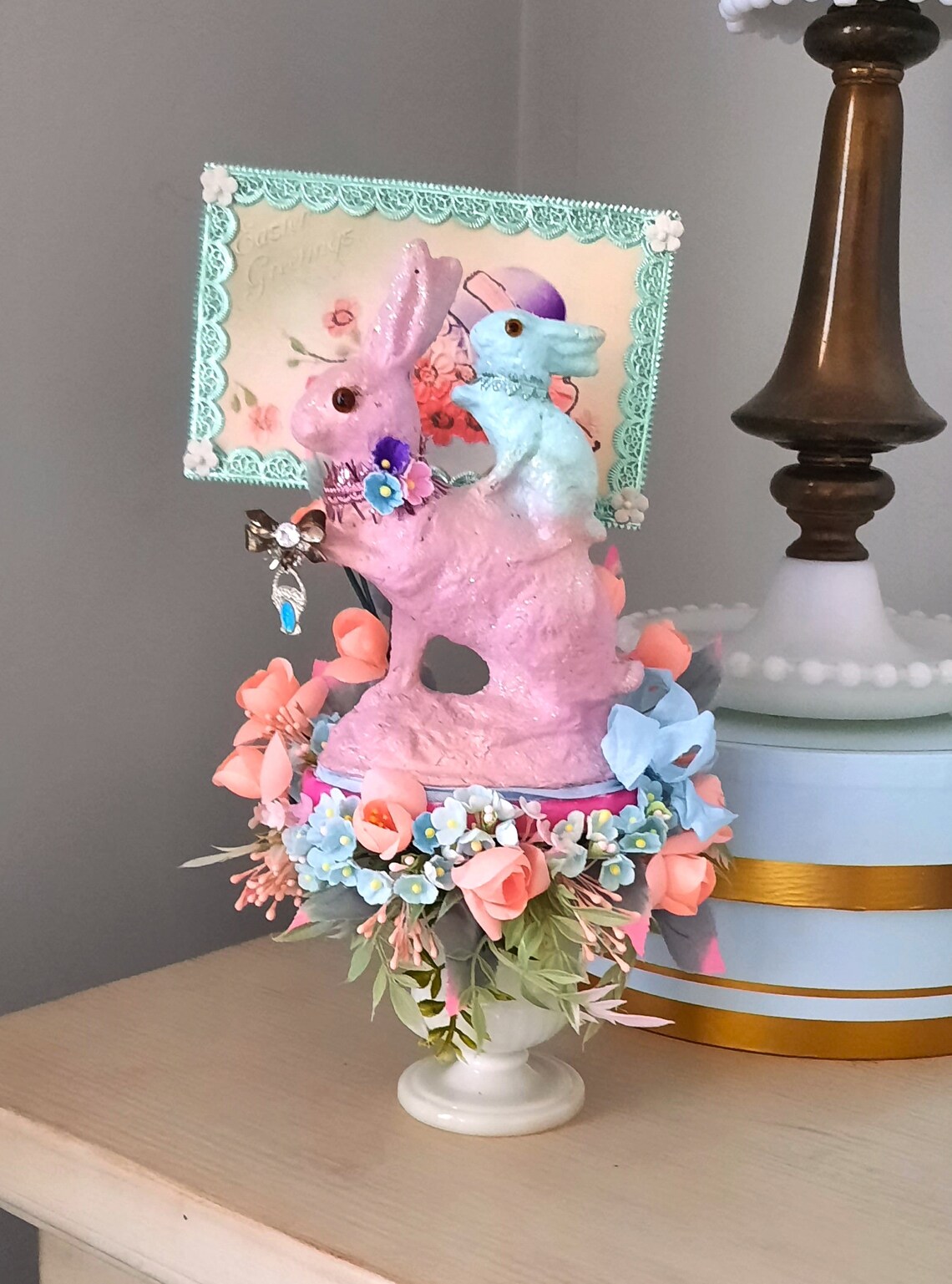 VINTAGE Style Paper Mache Bunny Rabbit and Baby Arrangement - Etsy