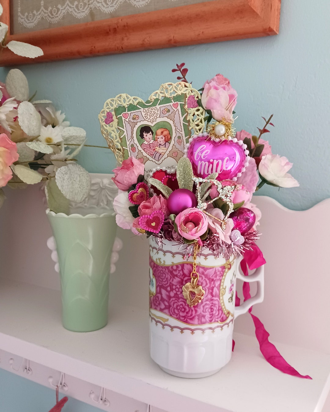Arrangement Centerpiece Vintage Mug Sweetheart February Shabby Pink ...