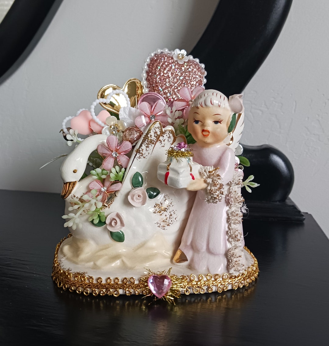 Vintage Romance Angel Swan Arrangement Valentines Day Decoration Hearts ...
