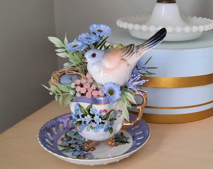 Vintage Tea Cup Spring Summer Arrangement Centerpiece Shades of Blue ...