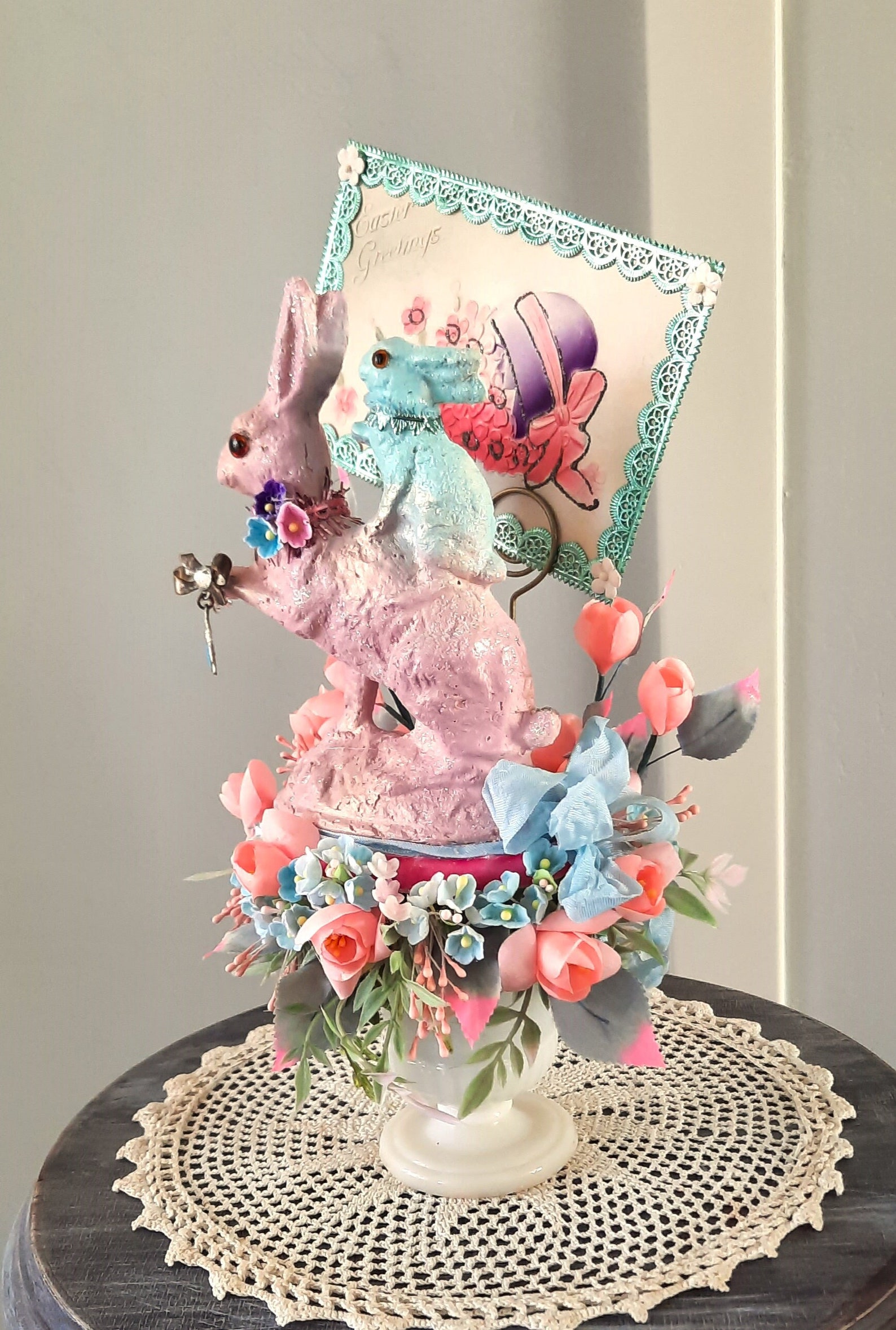 VINTAGE Style Paper Mache Bunny Rabbit and Baby Arrangement - Etsy