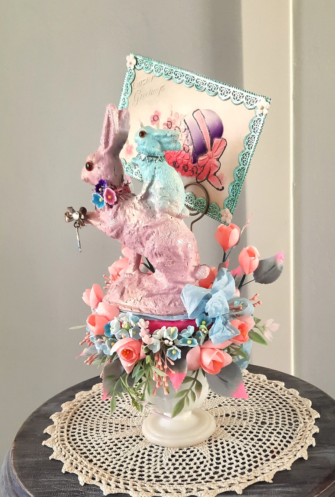 VINTAGE Style Paper Mache Bunny Rabbit and Baby Arrangement - Etsy