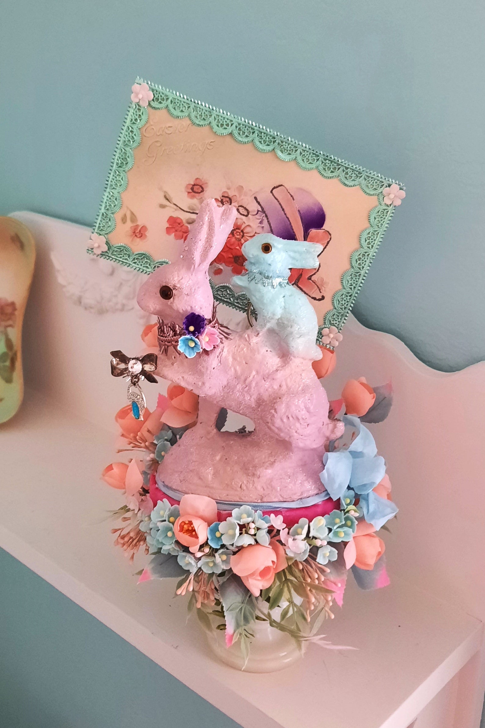 VINTAGE Style Paper Mache Bunny Rabbit and Baby Arrangement - Etsy