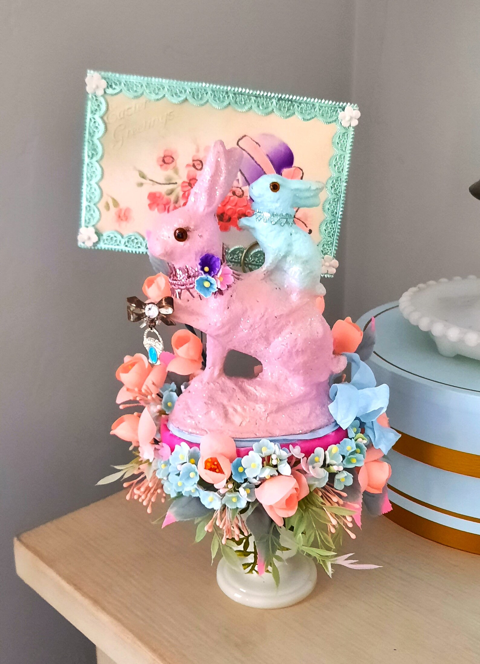 VINTAGE Style Paper Mache Bunny Rabbit and Baby Arrangement - Etsy