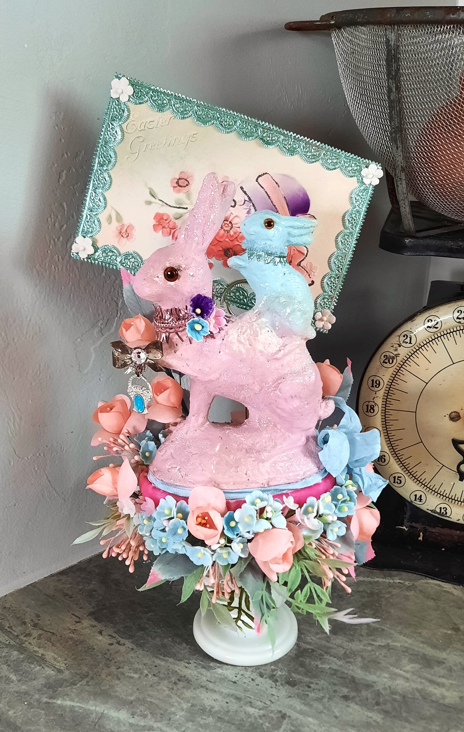 VINTAGE Style Paper Mache Bunny Rabbit and Baby Arrangement - Etsy