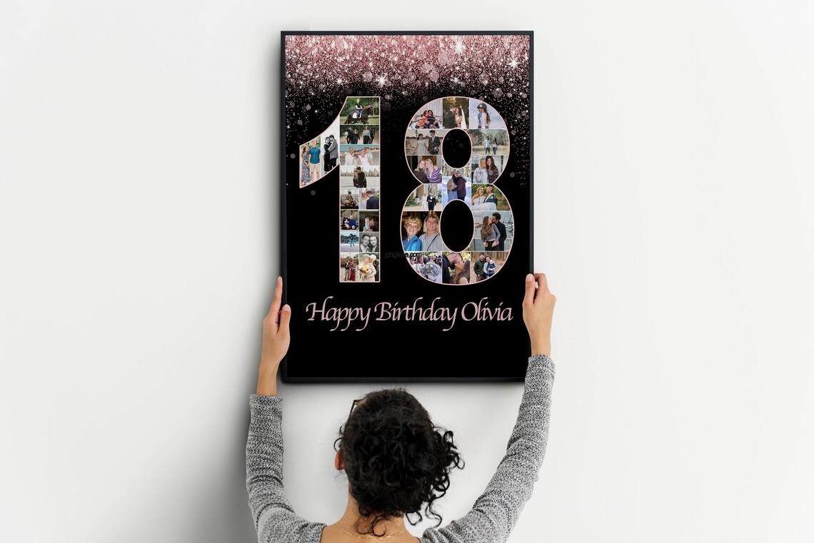 Rose Gold 18th Birthday Photo Collage Poster, Glitter Number 18 Photo ...