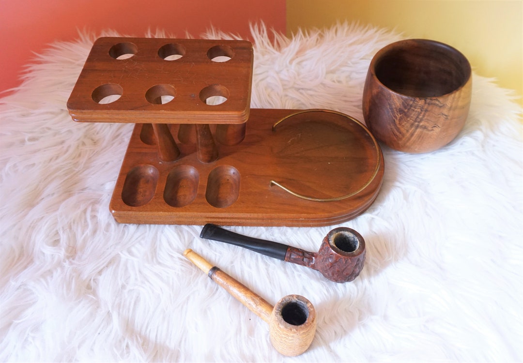 Vintage Antique Teak Wood Pipe Tabaco Round Caddy Holder With 2 Old ...