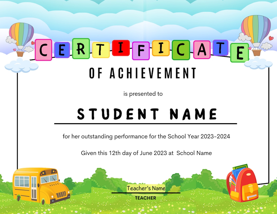 School Certificate of Achievement Fully Editable - Etsy