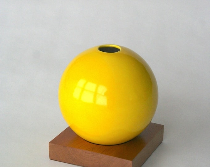 Bright Yellow Vase, Ceramic and Wood Vase, Ceramic Vase, Bud Vase ...