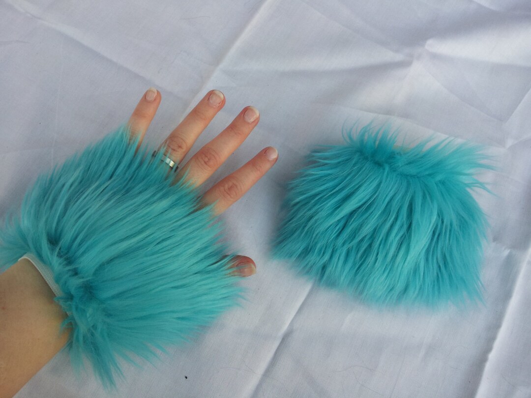 Aqua Blue Fuzzy Wrist Cuffs Furries Rave Wear Cosplay Turquoise ...