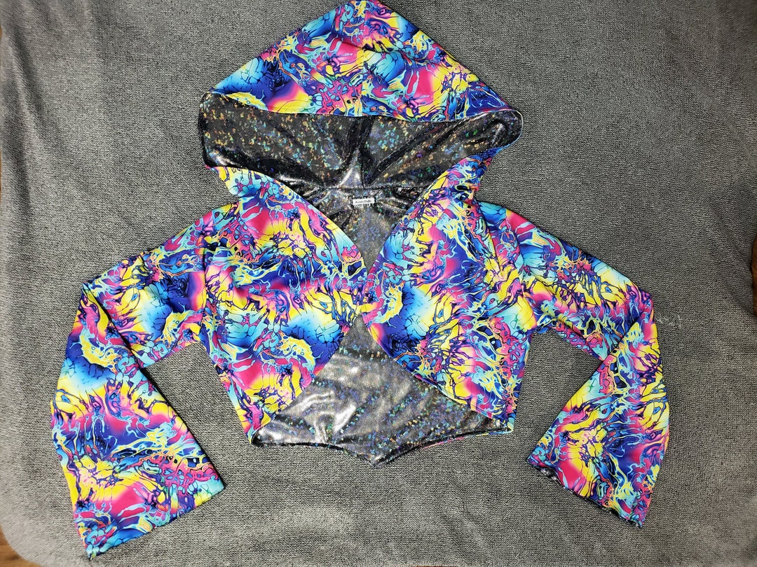 Acid Rainbow Sparkle Crop Jacket Psychedelic Reversible Pixie Hoodie ...