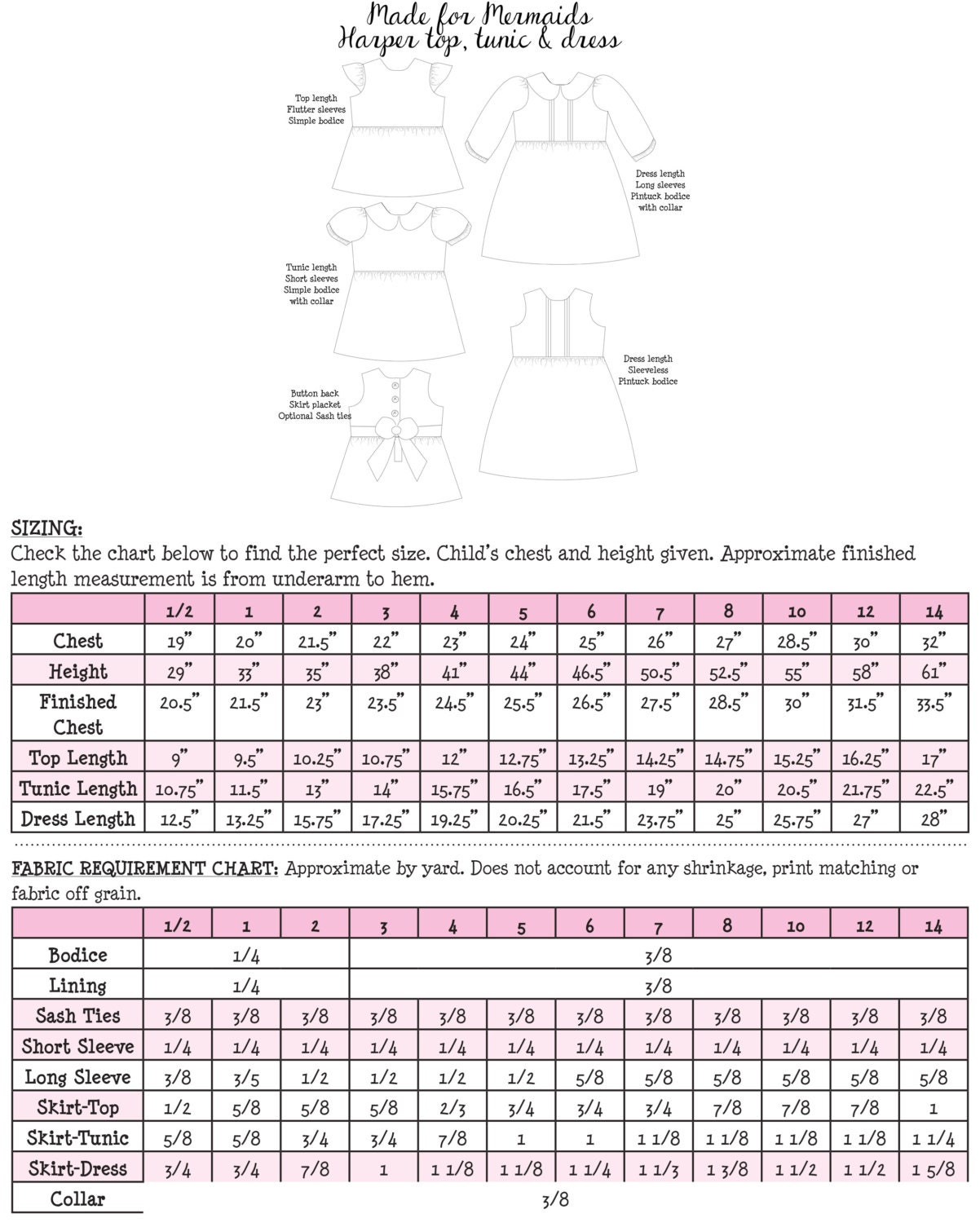 Harper Top, Tunic & Dress PDF Pattern Instant Download Size 1/2-14years ...