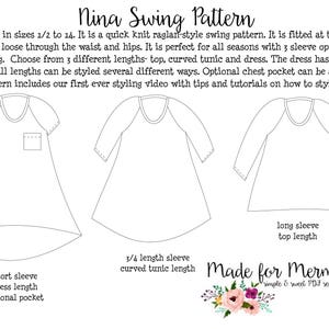 Girls Nina Swing Top, Tunic & Dress PDF Sewing Pattern Instant Download ...