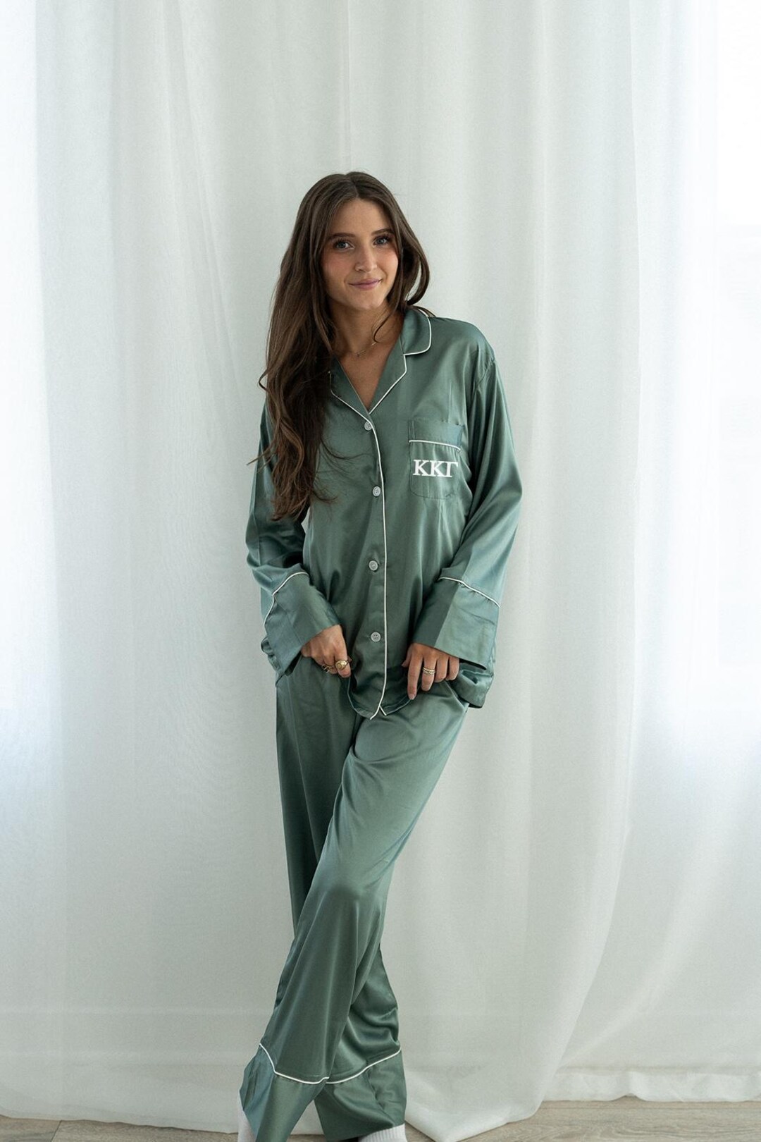 Monogram Eucalyptus Green Satin Pajama Set – Luxe Silk Feel Pjs With ...